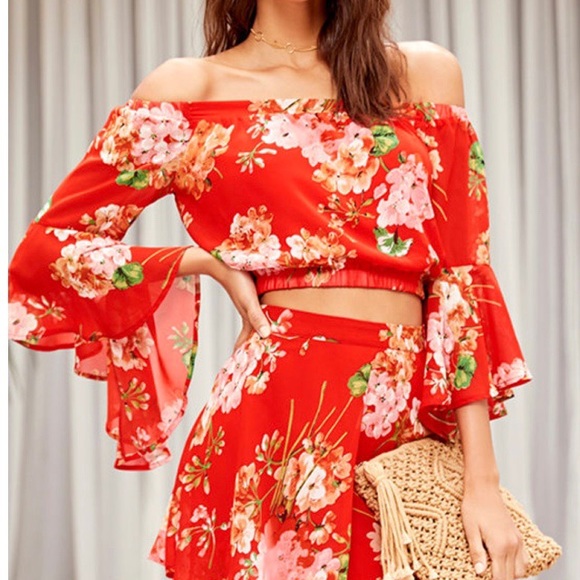 Lulus | Tops | Lulus Red Floral Print Offtheshoulder Crop Top | Poshmark
